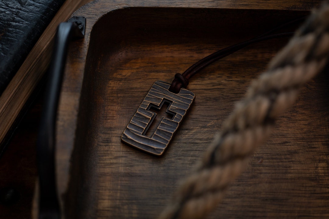 Rugged Cross Bronze Dog Tag Pendant - Mens Christian Handmade Bronze ...