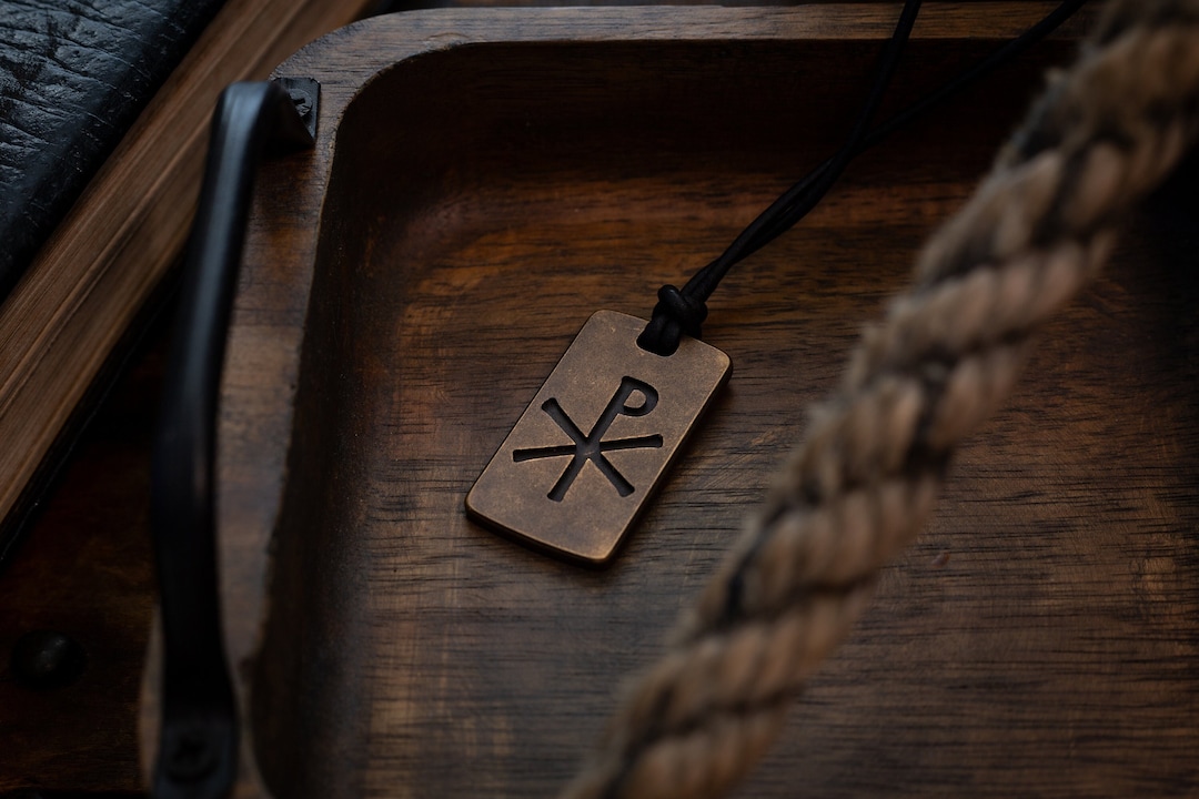 Chi Rho Bronze Dog Tag Pendant - Mens Christian Handmade Bronze ...