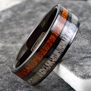 Engraved Deer Antler Ring | Men's Women's Koa Wood Black Tungsten ...