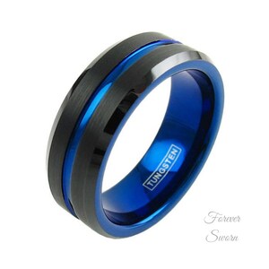 Thin Blue Line Ring | Men's Tungsten Wedding Size 5-17 6mm 8mm | Black ...