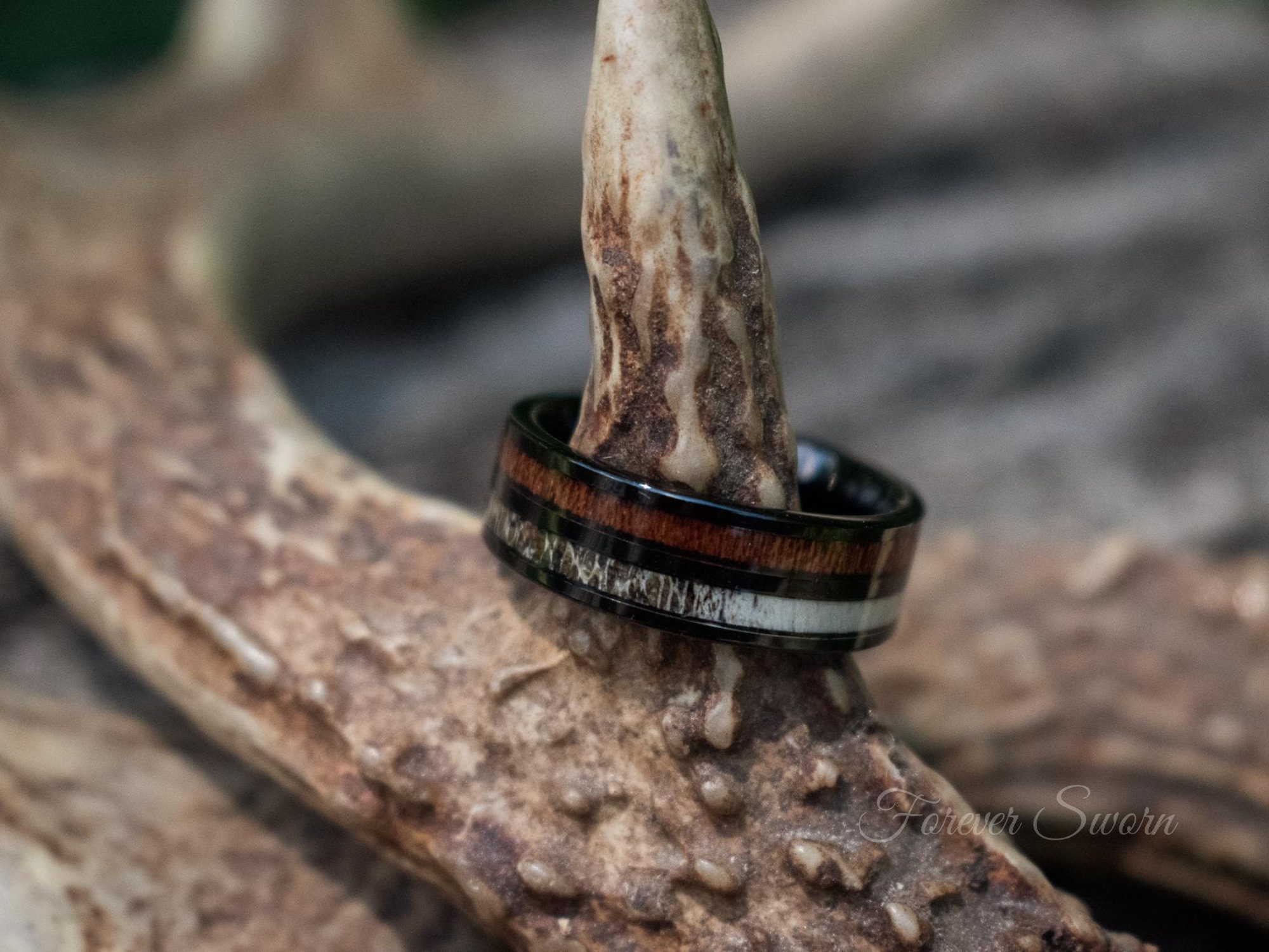 Engraved Deer Antler Ring | Men's Women's Koa Wood Black Tungsten ...
