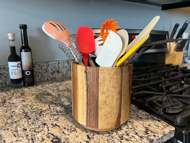 Acacia Wood Rotating Lazy Susan Utensil Holder - Etsy