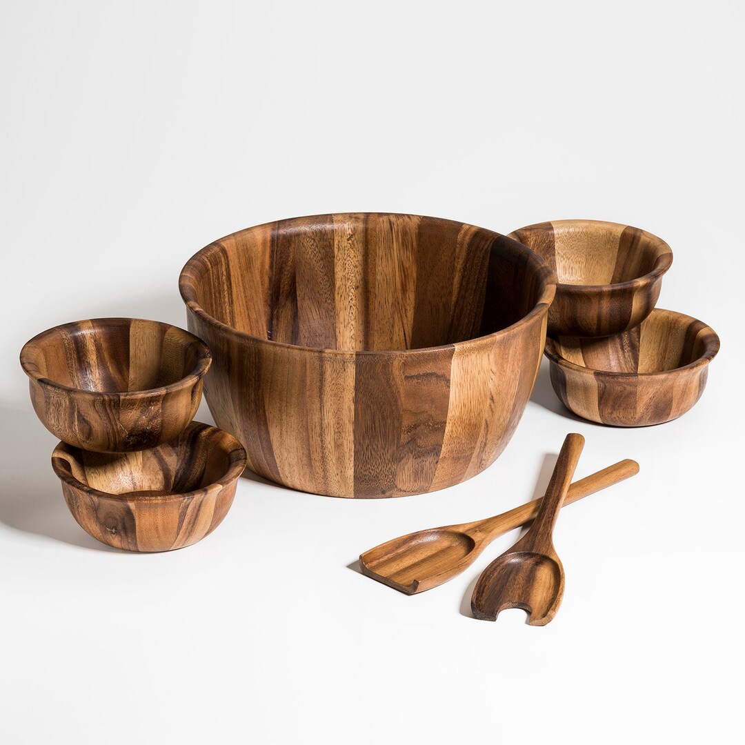 Extra Large Wood Salad Bowl With Servers and Individual Bowls 7 Piece ...