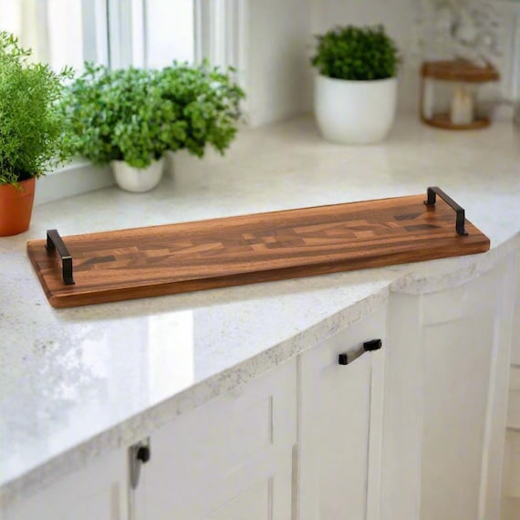 Acacia Wood Tray With Metal Handles Long Etsy