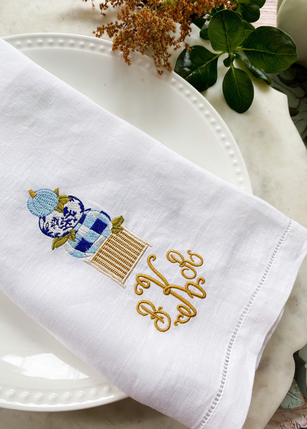 Embroidered Monogrammed Linen Tea Towels, Thanksgiving Embroidered Tea ...