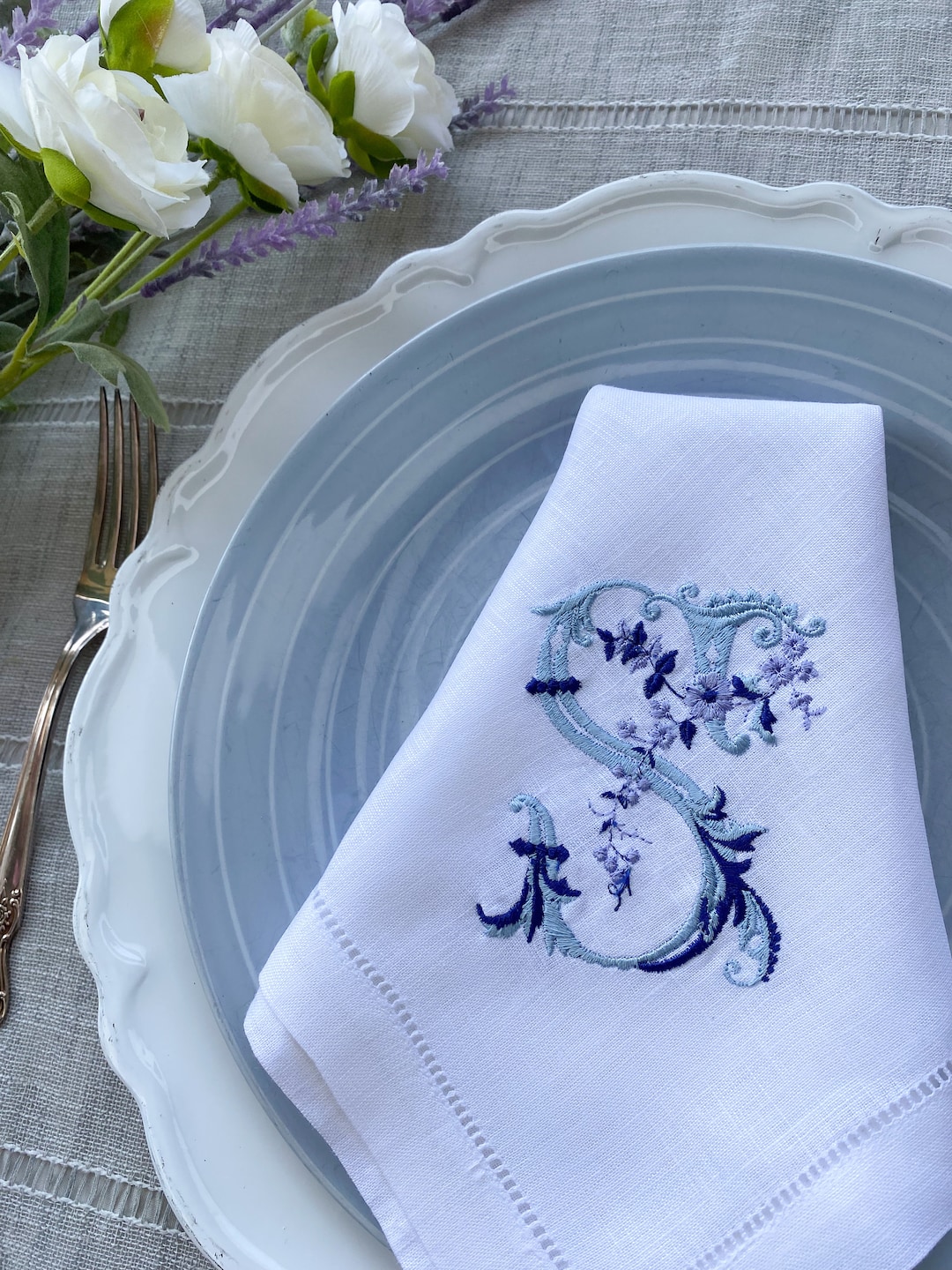 French Style Embroidered Monogrammed Linen Napkins, Hemstitched Napkins ...