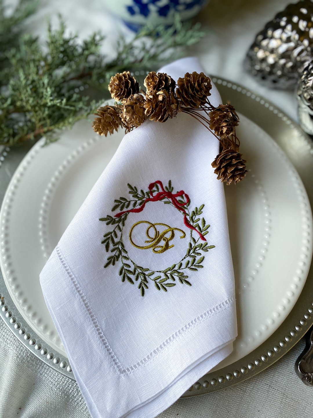 Christmas Natural Linen Embroidered Napkins, Monogrammed Napkins ...