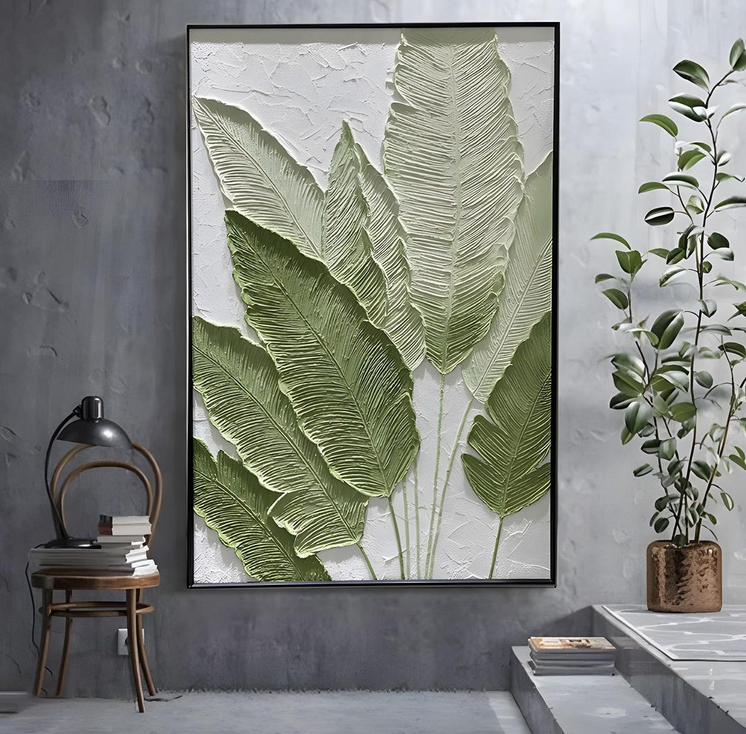 Original 3D Leaf Scenery Wall Art, 3D Green Leaf Oil Painting, Green Leaf Minimalist Textured ...