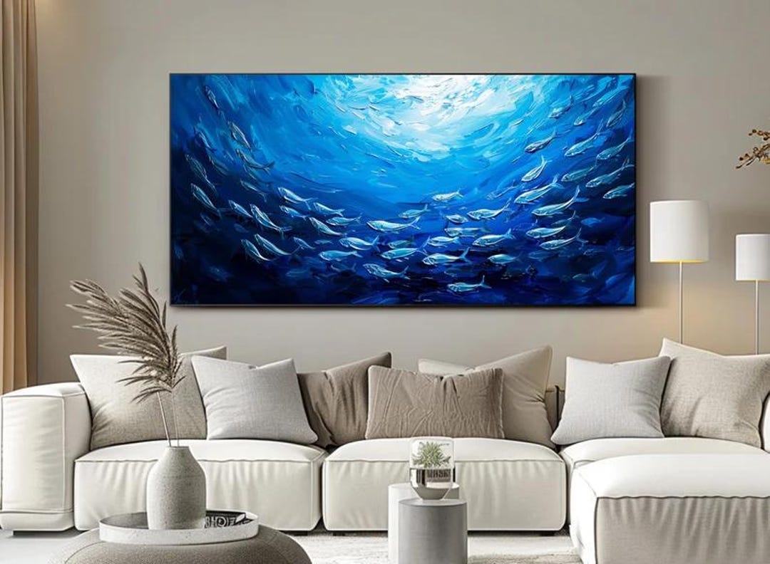 Original Large Blue Ocean Landscape Painting on Canvas Abstract Fishs ...