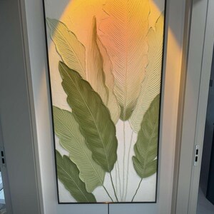 Original 3D Leaf Scenery Wall Art, 3D Green Leaf Oil Painting, Green Leaf Minimalist Textured ...