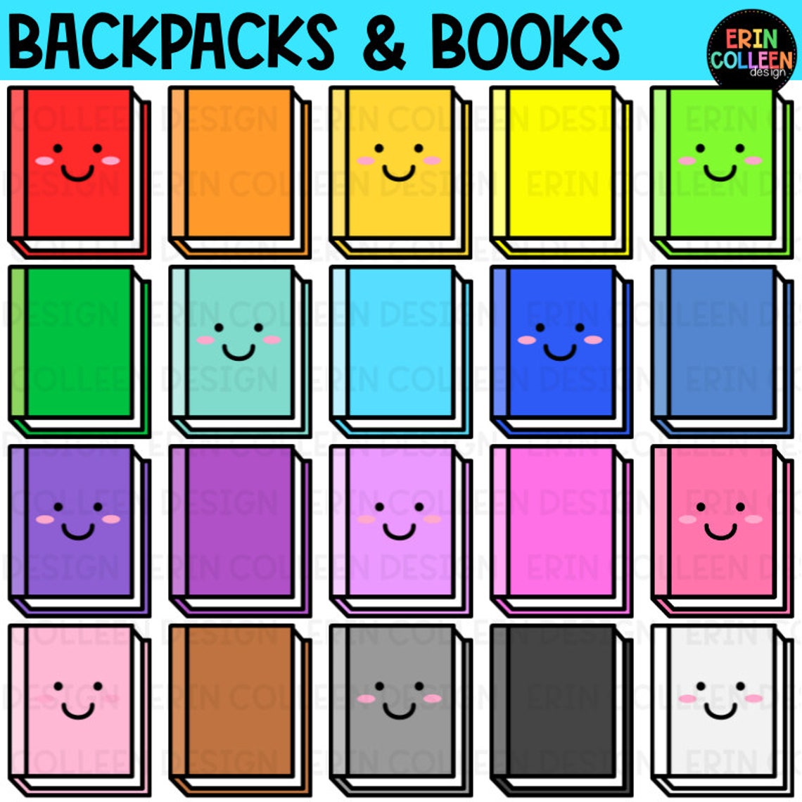 Rainbow Backpacks and Books Clipart, Color Matching, Cute, With and ...