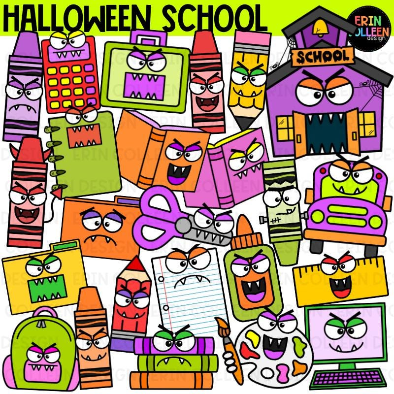 Halloween School Clipart - Halloween Clipart - Scary School Supplies ...