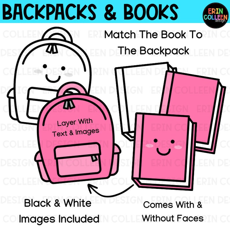 Rainbow Backpacks and Books Clipart, Color Matching, Cute, With and ...