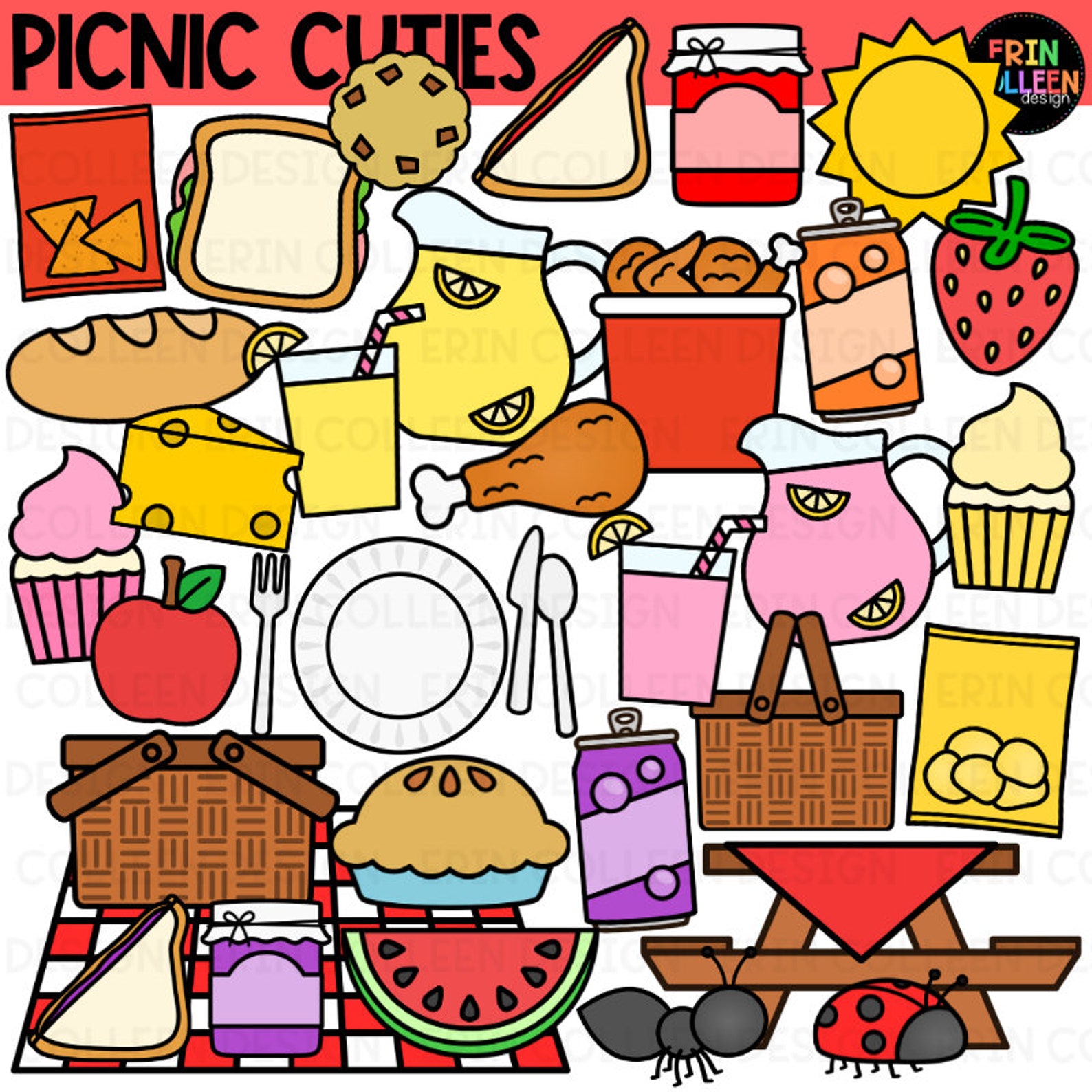 Picnic Cuties Clipart - With and Without Faces - BBQ - Food - Fruit ...