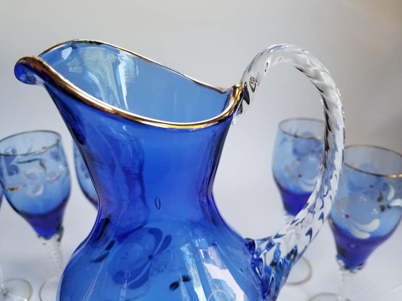 VTG Hand Blown Cobalt Blue Pitcher and Glass Set - Etsy