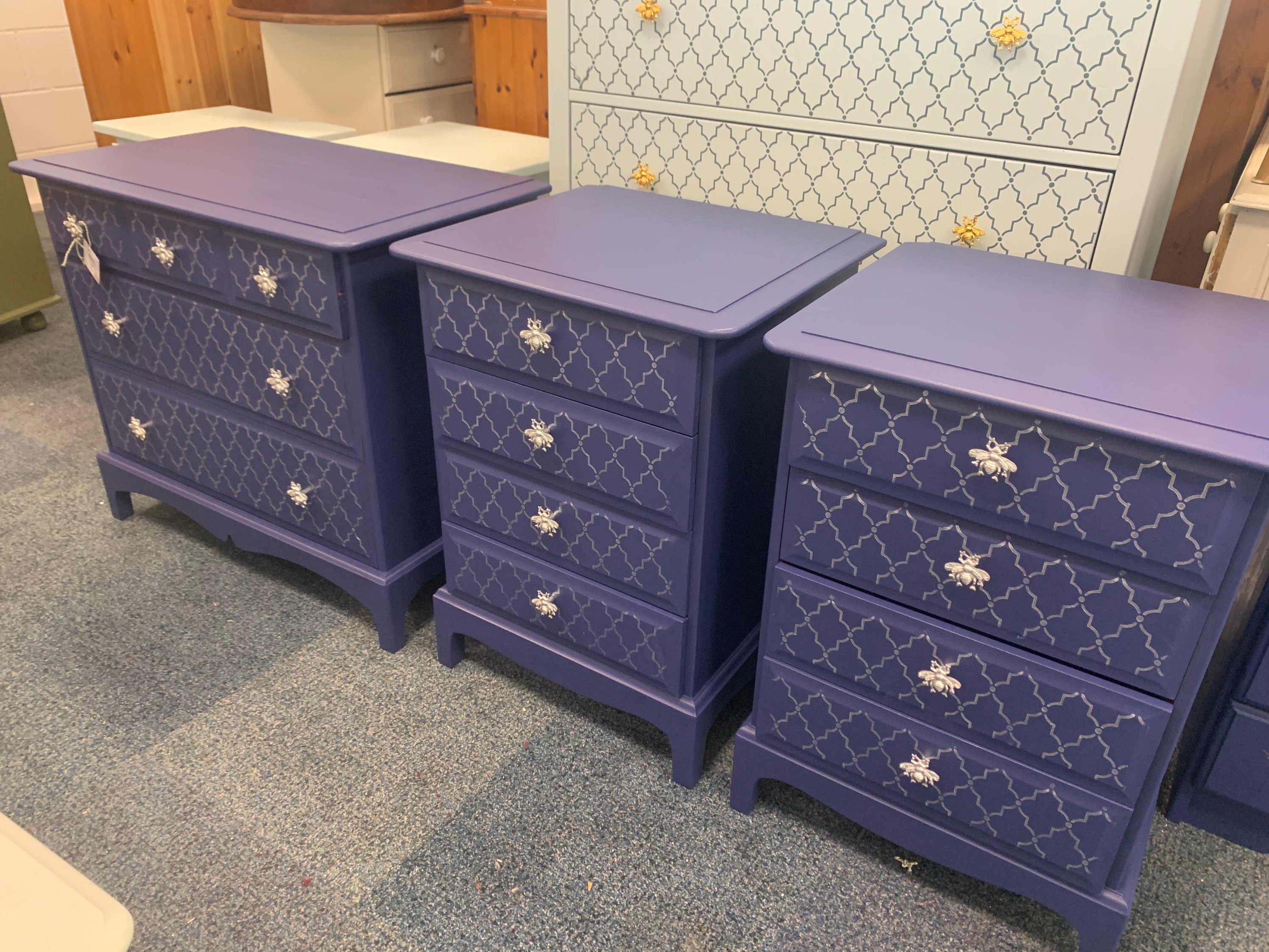 Pair of Bedside Tables Painted Bespoke Moroccan Geometric Art Deco Gold ...