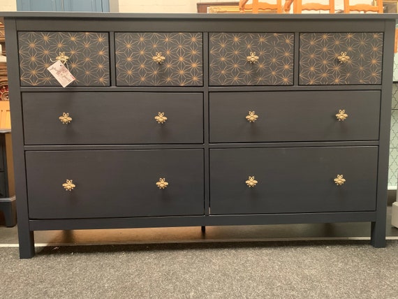 Ikea Hemnes 8 Chest of Drawers Painted Bespoke Stencilled Navy and Gold Geometric Etsy