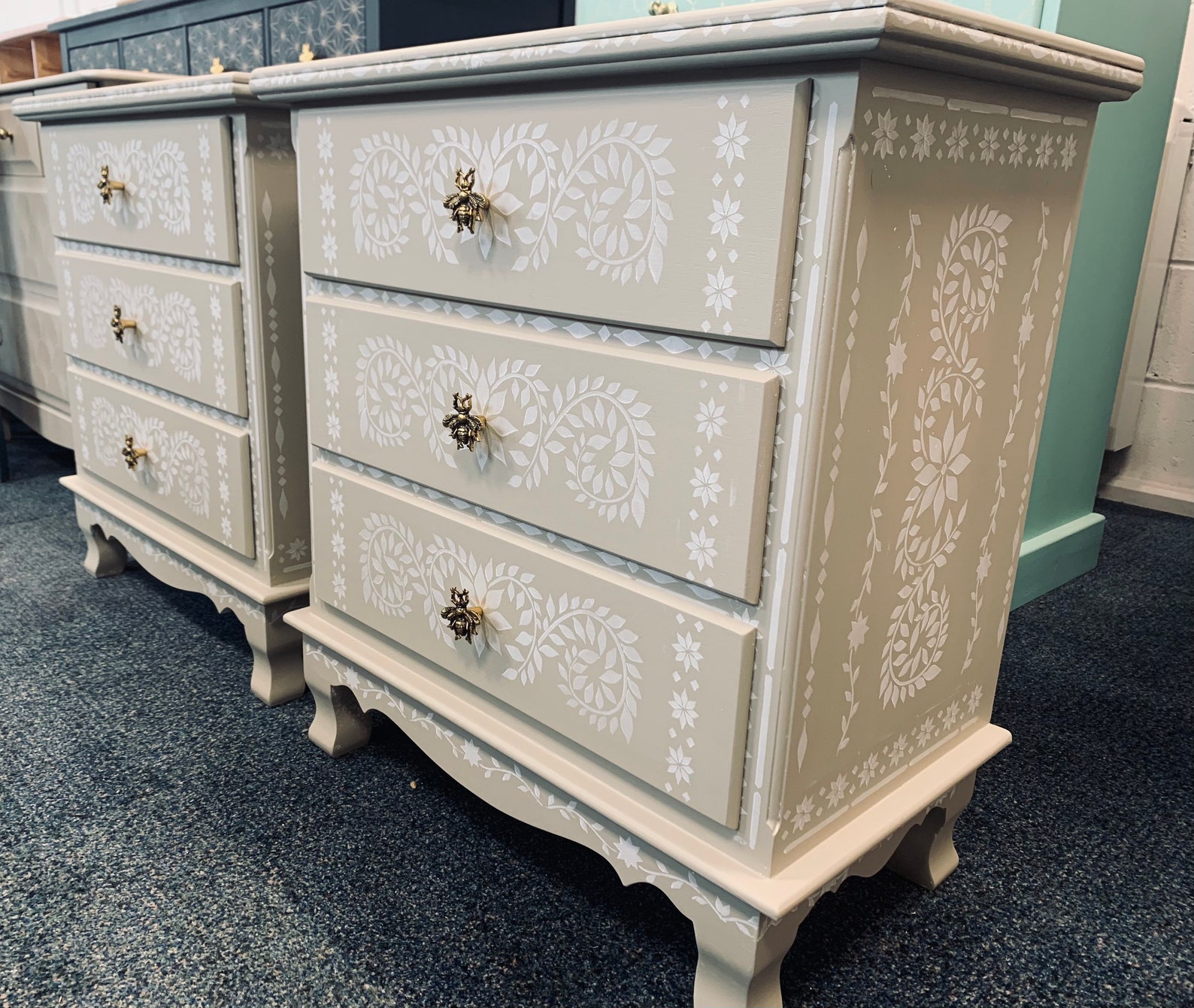 Pair of Bedside Tables Painted Bespoke Moroccan Geometric Mangowood ...