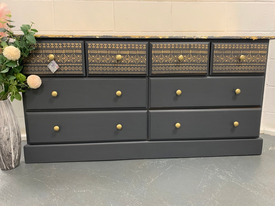 Large Aztec Tribal Chest of Drawers Painted Bespoke Stencilled Upcycled ...