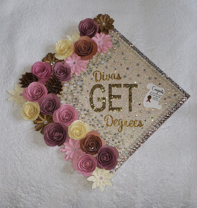 Bling Blush, Pink and Cream Graduation Cap Topper | Paper Flowers | - Etsy