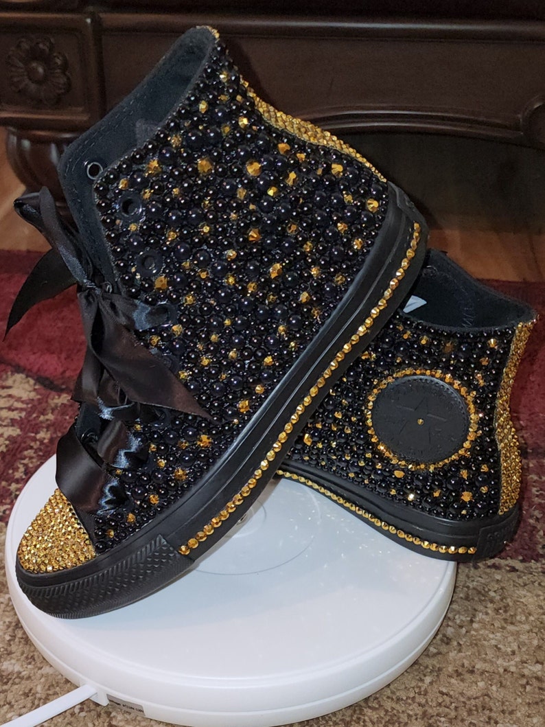 Custom Bling and Pearl Black and Gold High Top Converse - Etsy