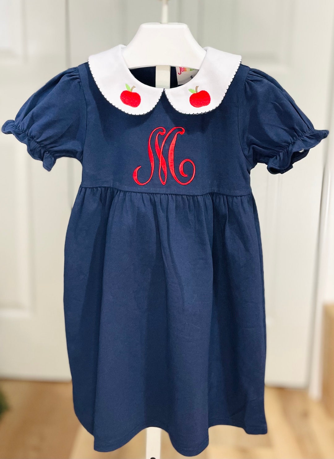 Navy/white Peter Pan Collar Dress- Embroidered Apple-personalized Girls ...
