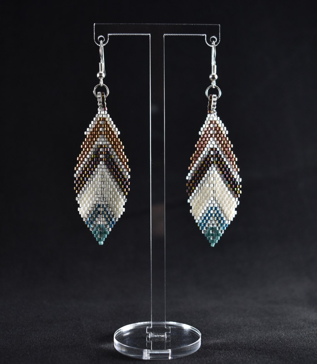 Bronze, White and Teal Feather Hand Beaded Earrings in Sterling Silver ...