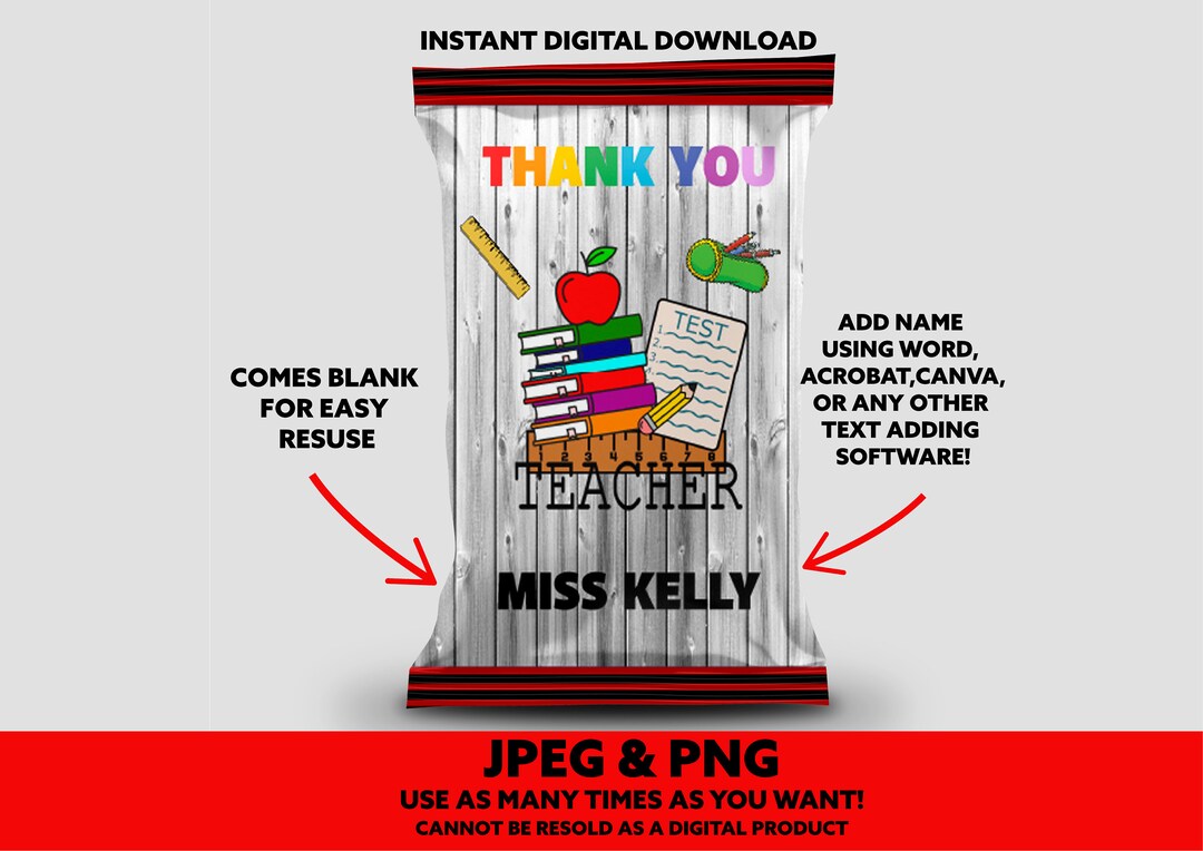 Thank You Teacher Chip Crisp Bag Party Favors Candy Bag Instant ...