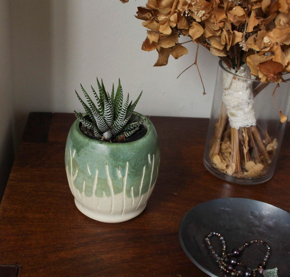 The Canopy Hand Thrown Pot With Custom Carving and Green & | Etsy