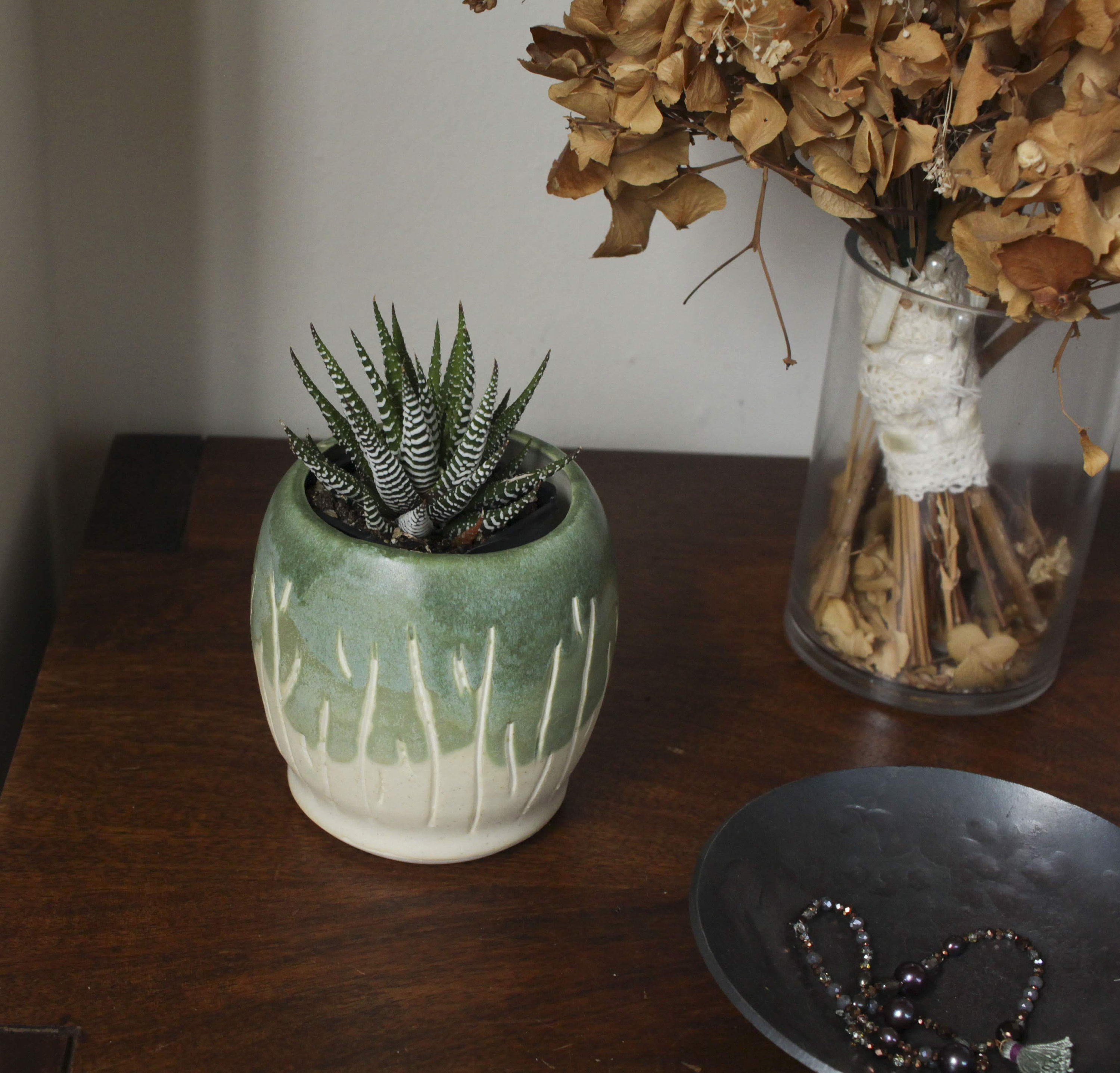 The Canopy - Hand Thrown Pot With Custom Carving and Green & Stony ...
