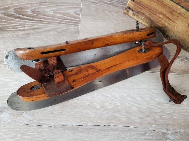 Primitive Antique Wood and Leather Ice Skates. - Etsy