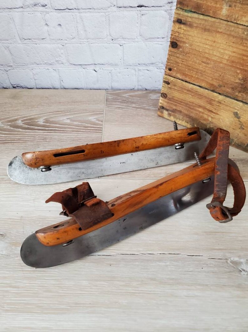 Primitive Antique Wood and Leather Ice Skates. - Etsy