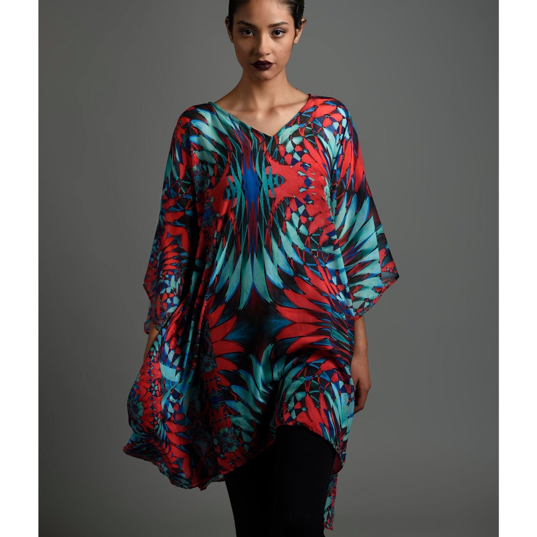 Tropical Chiffon Kaftan Dress, Exotic Red Turquoise Print, Colorful ...