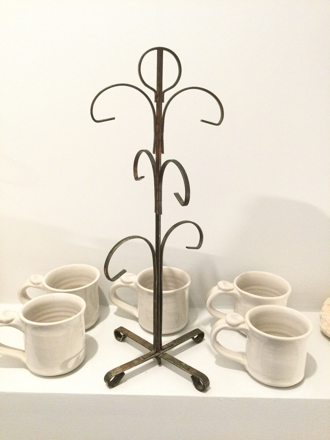 Vintage Brass Mug Tree and 5 Matching Handmade Studio Pottery Small ...
