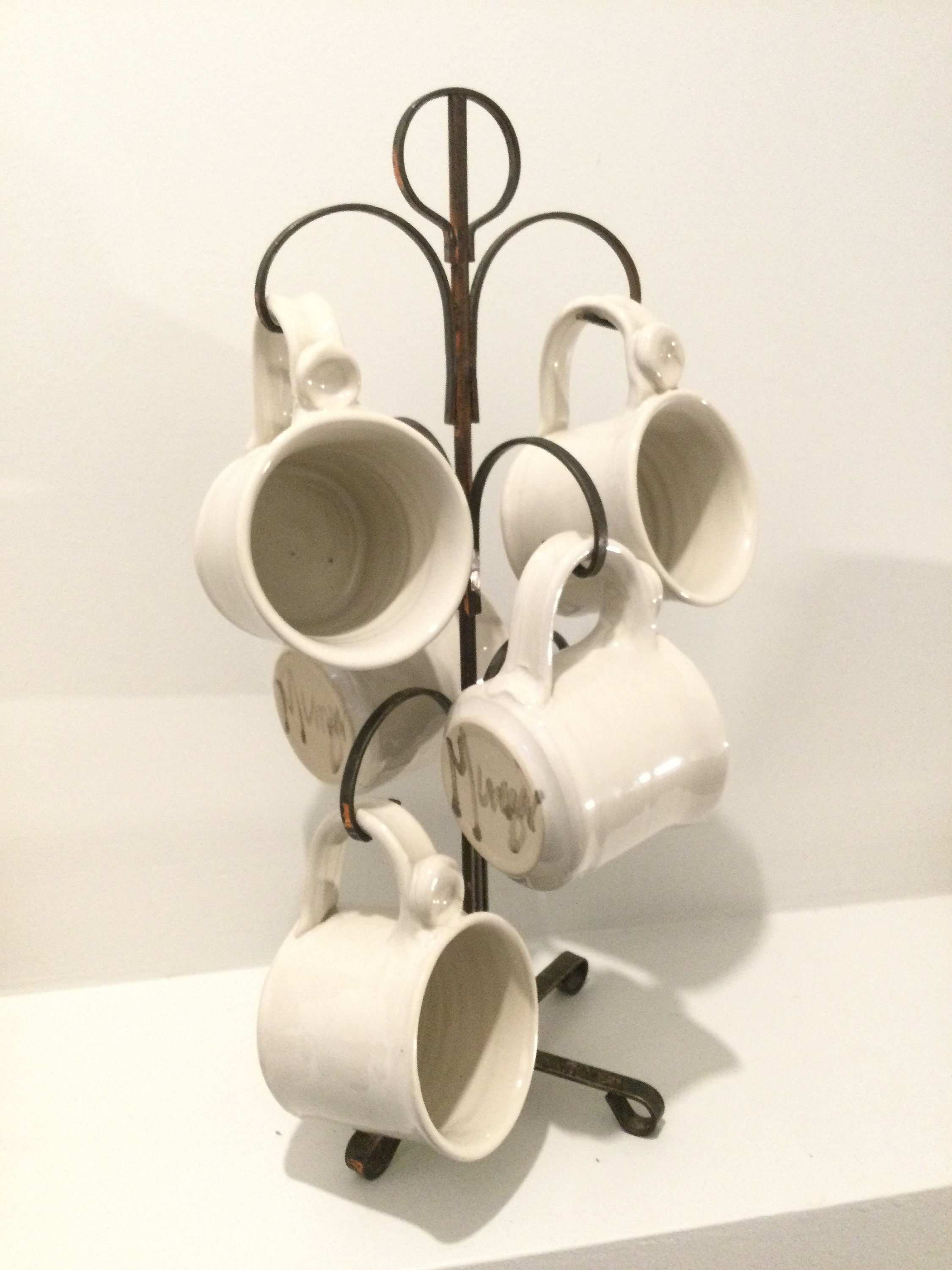 Vintage Brass Mug Tree and 5 Matching Handmade Studio Pottery Small ...