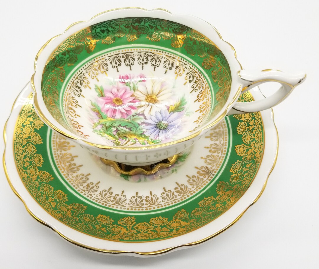 Royal Stafford Teacup and Saucer Green Gold With Daisies - Etsy