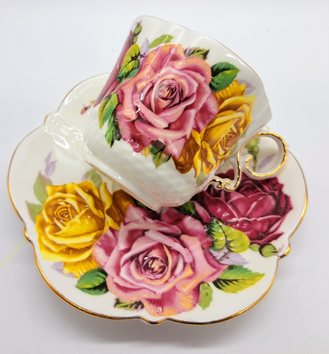 Aynsley Triple Rose Small Teacup and Saucer- Three Large Cabbage Roses ...