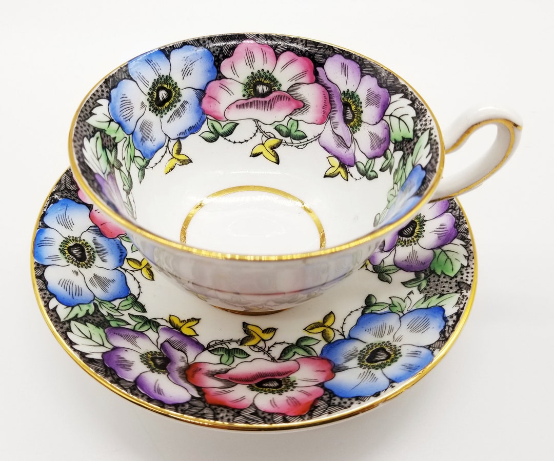 Taylor and Kent Vintage Teacup and Saucer, Flowers on Black , Floral ...