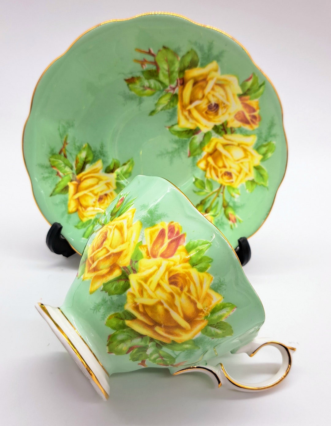Rare Royal Albert Yellow Tea Rose Pattern Cup and Saucer on a Green ...
