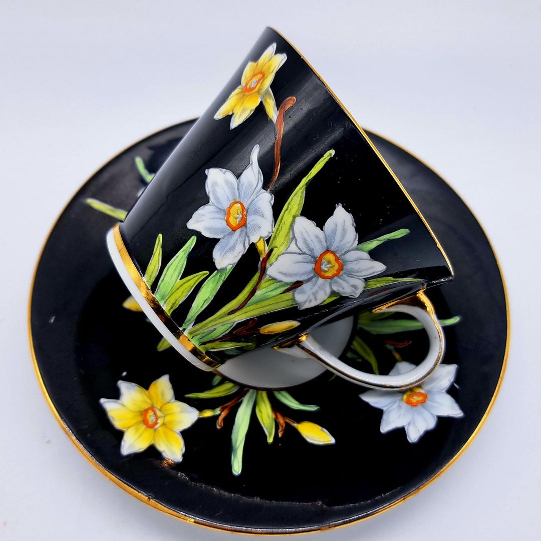 As is Aynsley Teacup and Saucer , Black Handpainted Daffodils , Bone ...