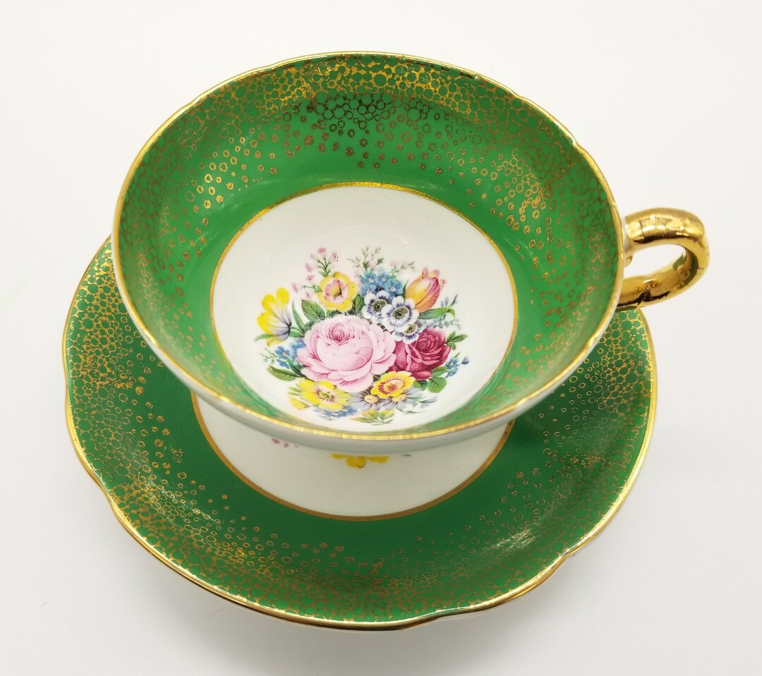 Vintage Hand Painted Green Color Stanley Bone China Teacup and Saucer ...