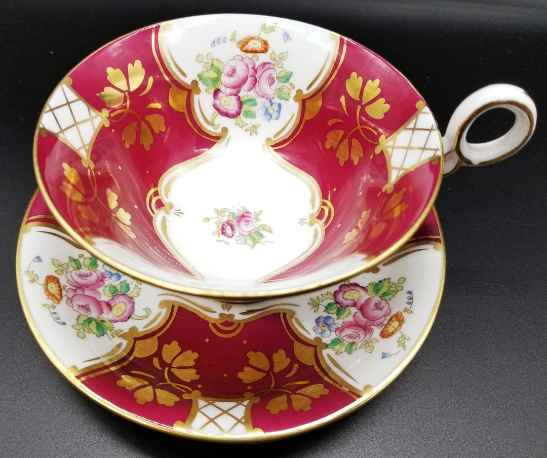 Radfords Fenton Bone China Teacup and Saucer: Maroon Floral, Gold ...