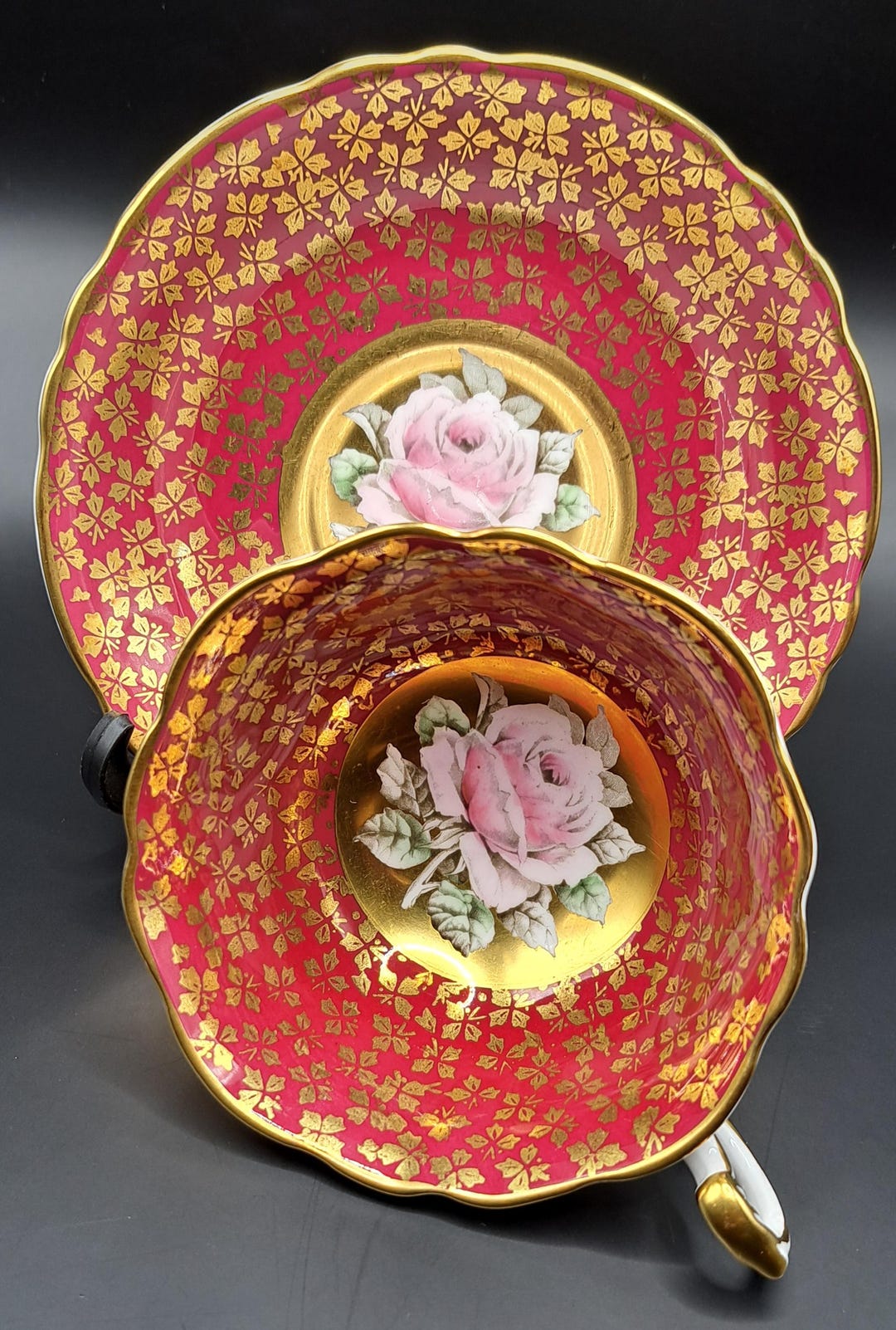 Paragon Heavy Gold Cabbage Rose Bone China Teacup and Saucer , Burgundy ...