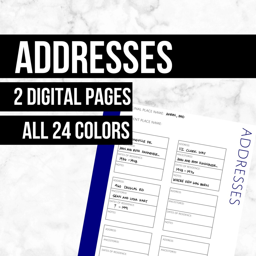 Addresses Page: Printable Ancestry Form for Genealogy (digital Download ...