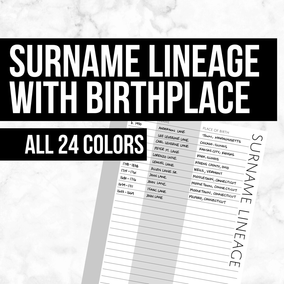 Surname Lineage With Birthplace: Printable Genealogy Forms digital ...