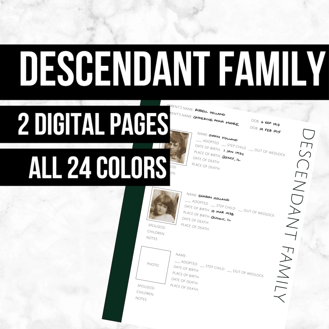 Descendant Family: Printable Genealogy Page digital Download Family ...