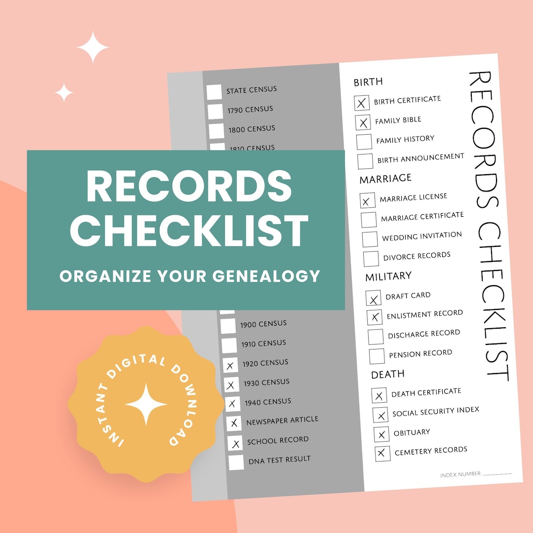 Family History Records Checklist: Printable Form for Genealogy Research ...