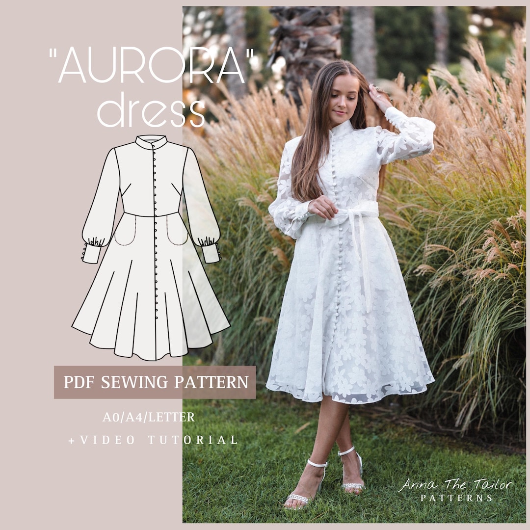 Aurora Dress Sewing Pattern: Button-up Dress With Long Sleeves (a0-a4 ...