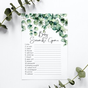 Baby Word Scramble Game, Baby Shower Scramble, Eucalyptus Baby Shower ...