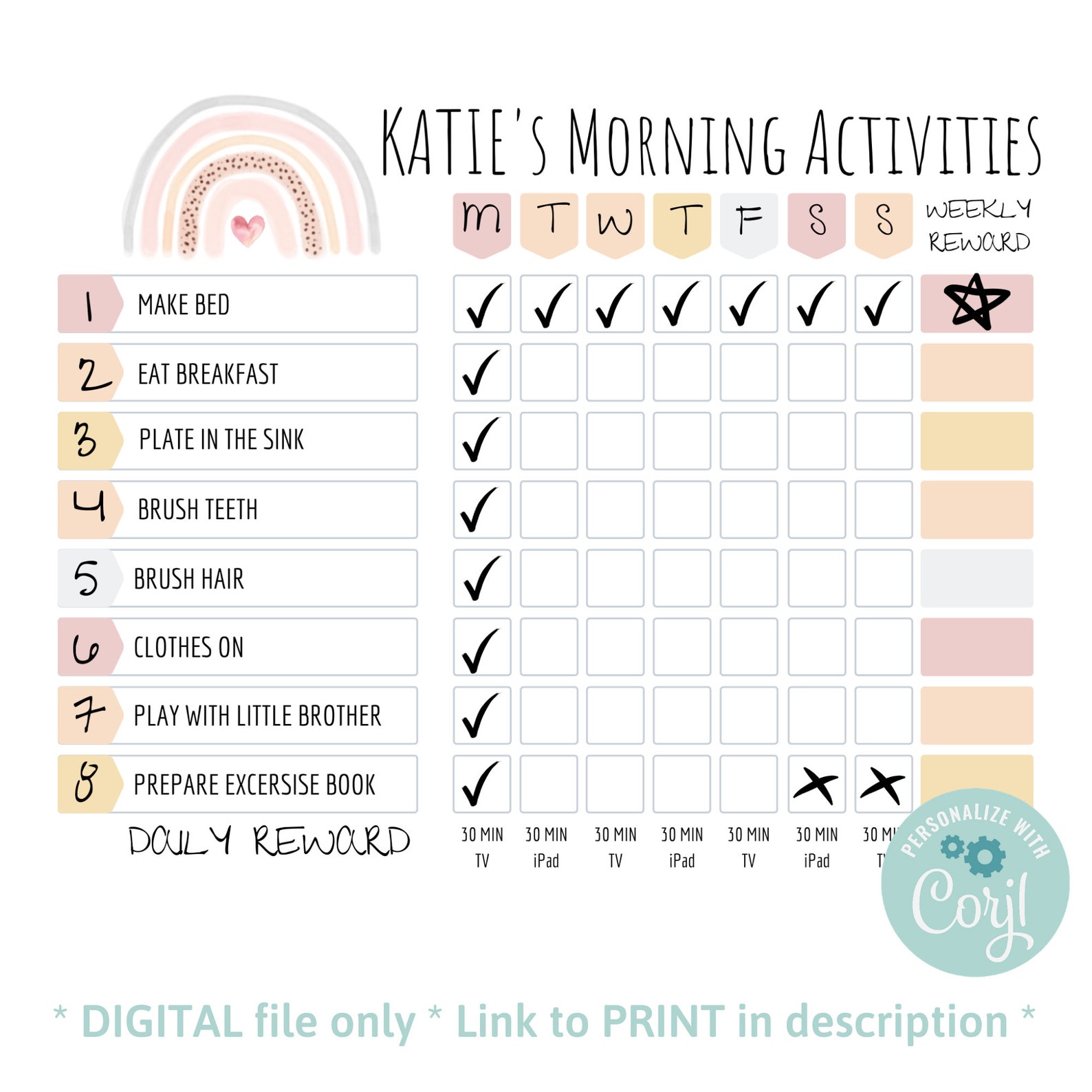 Girls Routine Chore Chart Printable Homework Organizer Home - Etsy ...